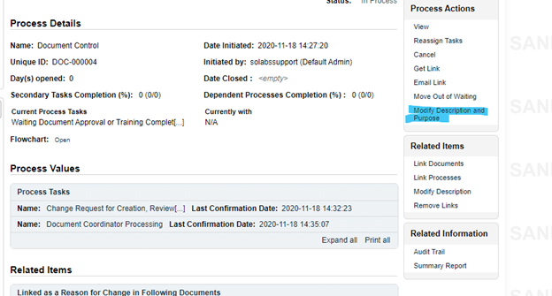 Modifying the "Description of Change" and "Purpose of Change" fields in the DOC Control Process ...