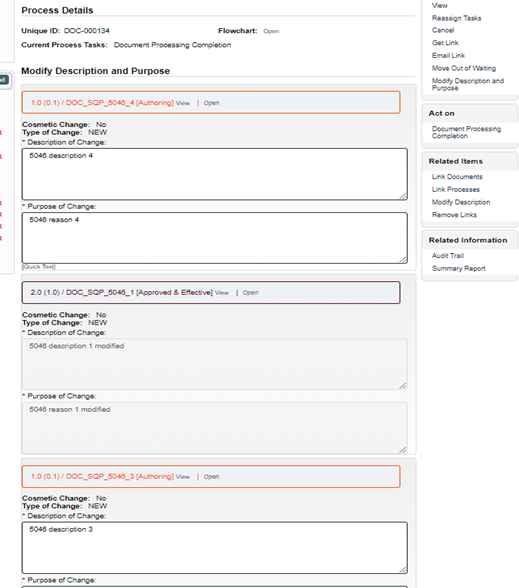 Modifying the "Description of Change" and "Purpose of Change" fields in the DOC Control Process ...